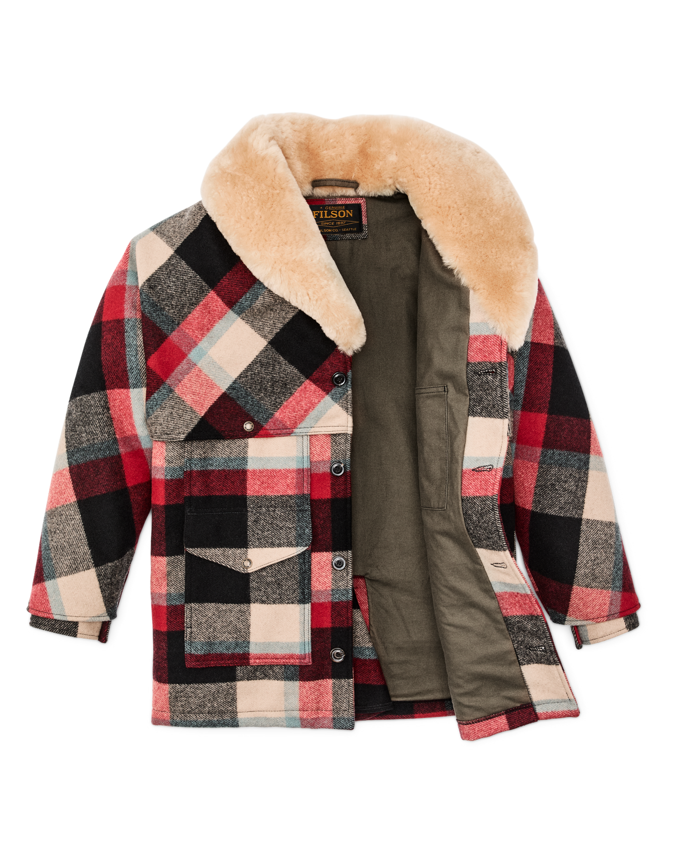 Lined Mackinaw Wool Packer Coat - Red / Cream / Blue Plaid | Filson